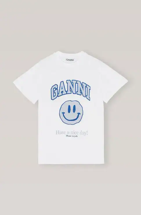 Ganni Basic Cotton Jersey O-Neck Blue Smiley Relaxed T-Shirt In